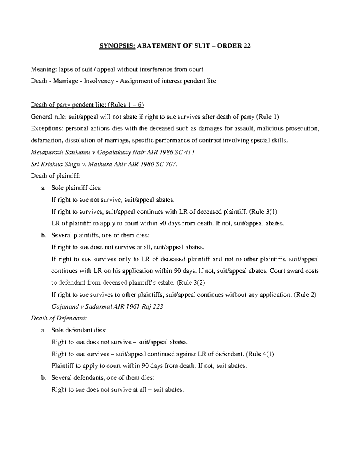 Abatement of Suit: Exam Prep Notes for Law Course - Studocu