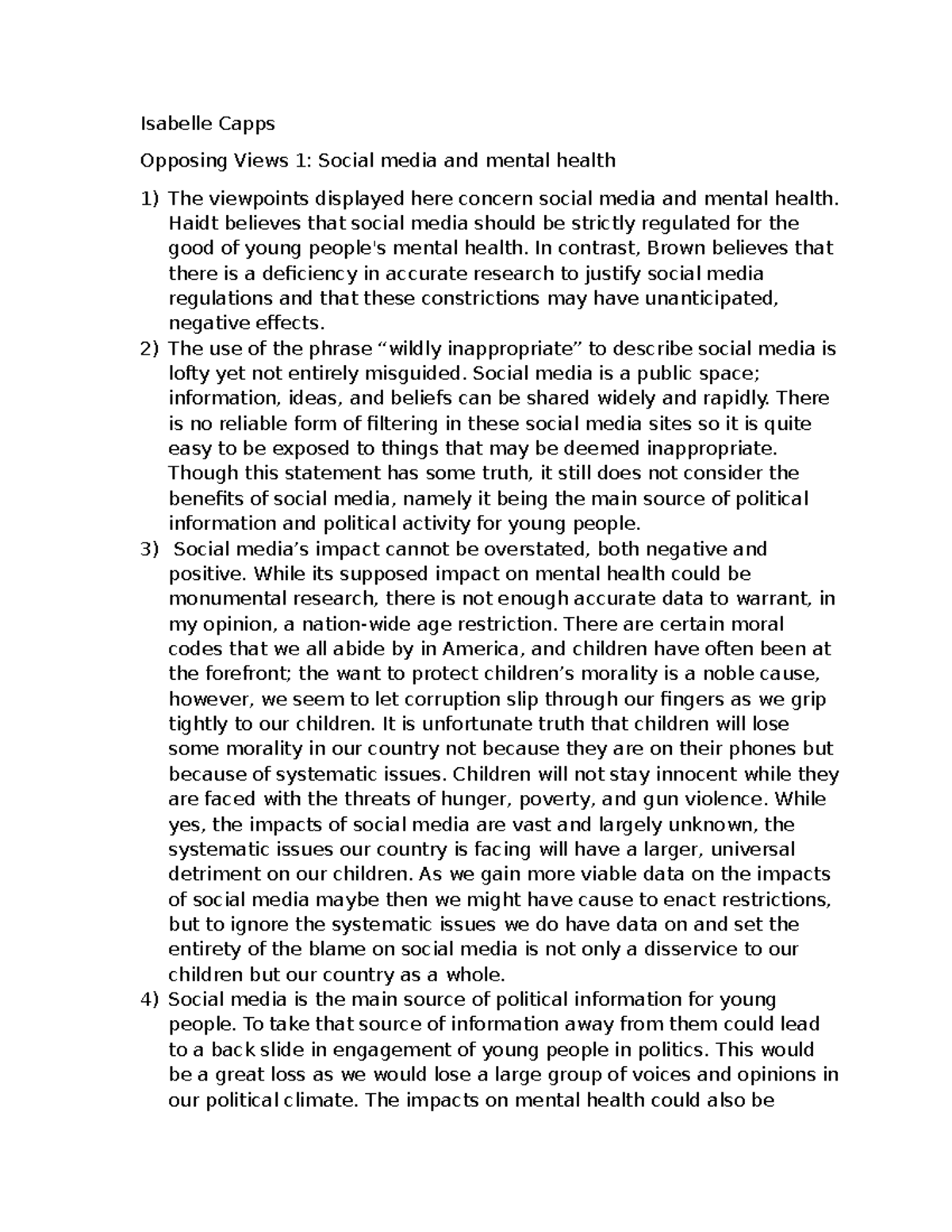 Opposing Views 1: Social Media & Mental Health in Poli Sci - Studocu