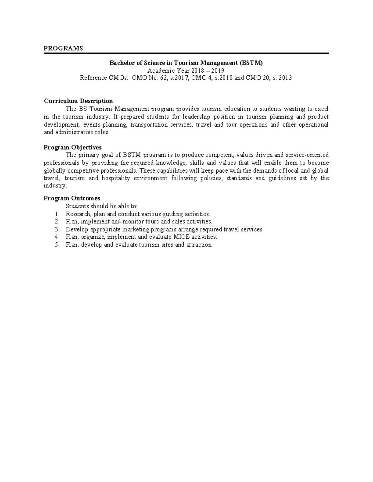 Bachelor of Science in Tourism Management (BSTM) Curriculum Overview ...
