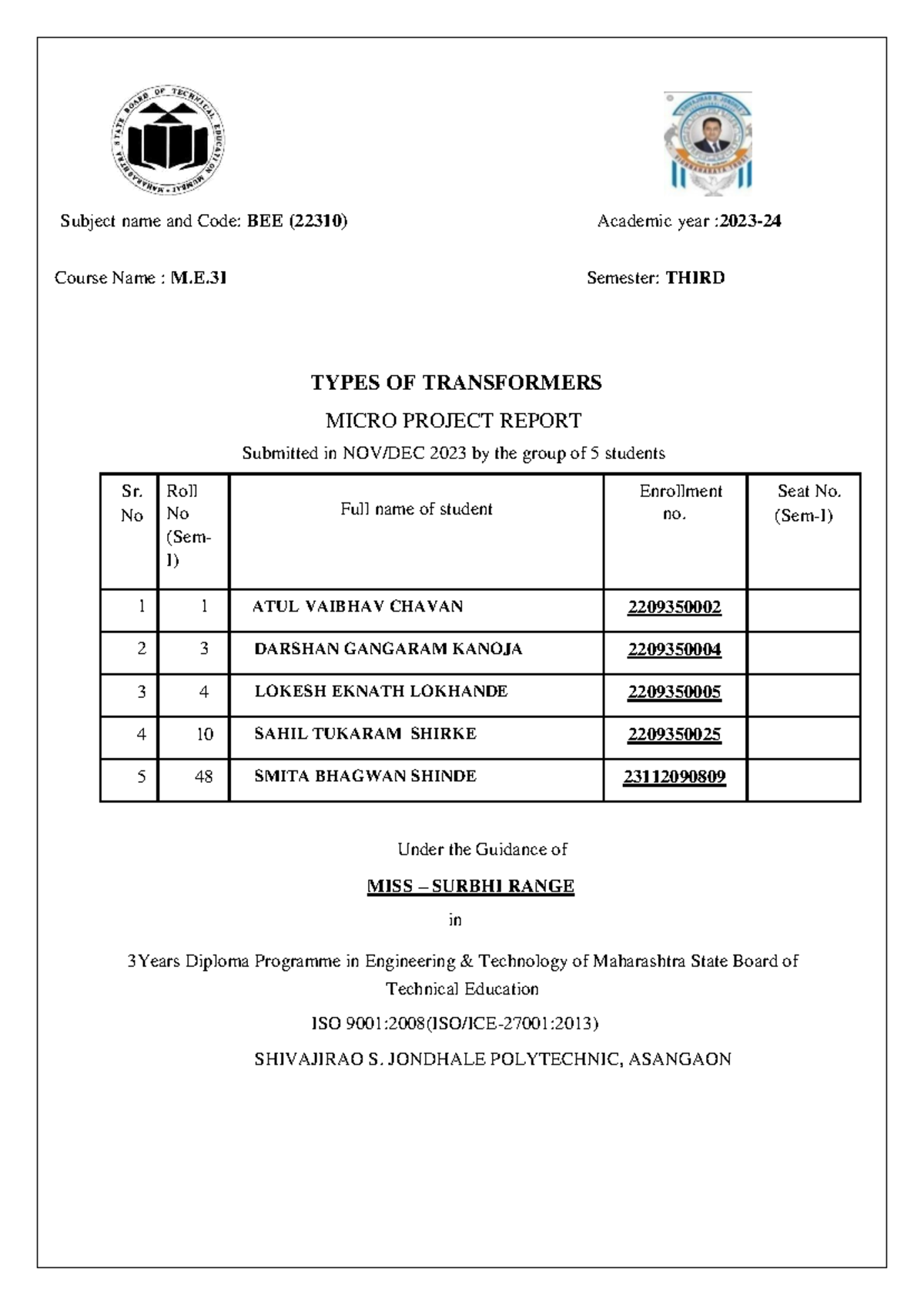 BEE (22310) Micro Project Report on Transformers - NOV/DEC 2023 - Studocu