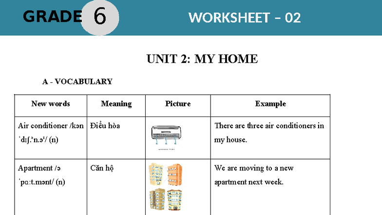 GRADE 6 WORKSHEET 02: UNIT 2 - MY HOME VOCABULARY & GRAMMAR - Studocu