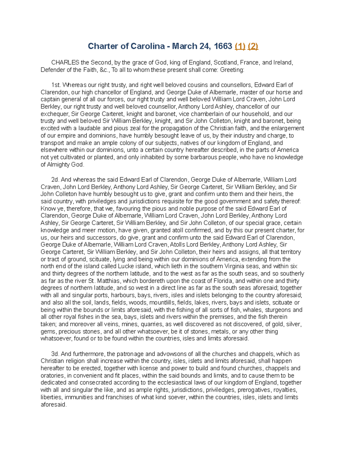 Charter of Carolina: Historical Document Analysis for Hensley's Class ...
