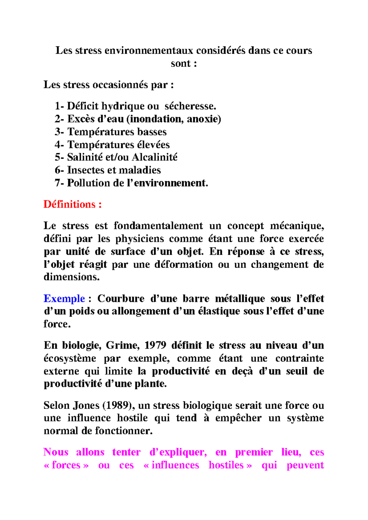 Cours L3 Agroécologie : Adaptation aux Stress Environnementaux - Studocu
