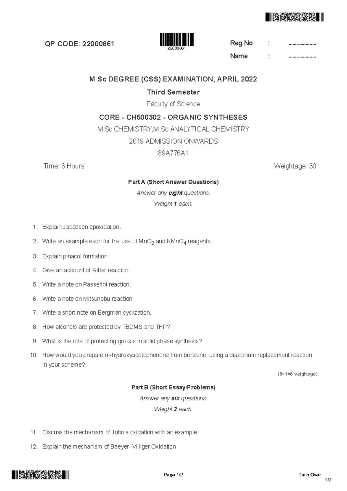 M Sc CHEMISTRY CH500302 Organic Syntheses Exam Notes - April 2022 - Studocu