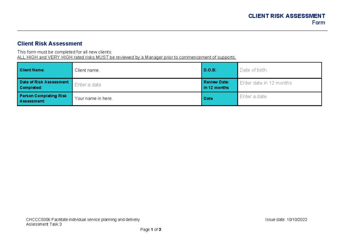 CHCCCS 006 AT3 - Client Risk Assessment Form Guide - Studocu