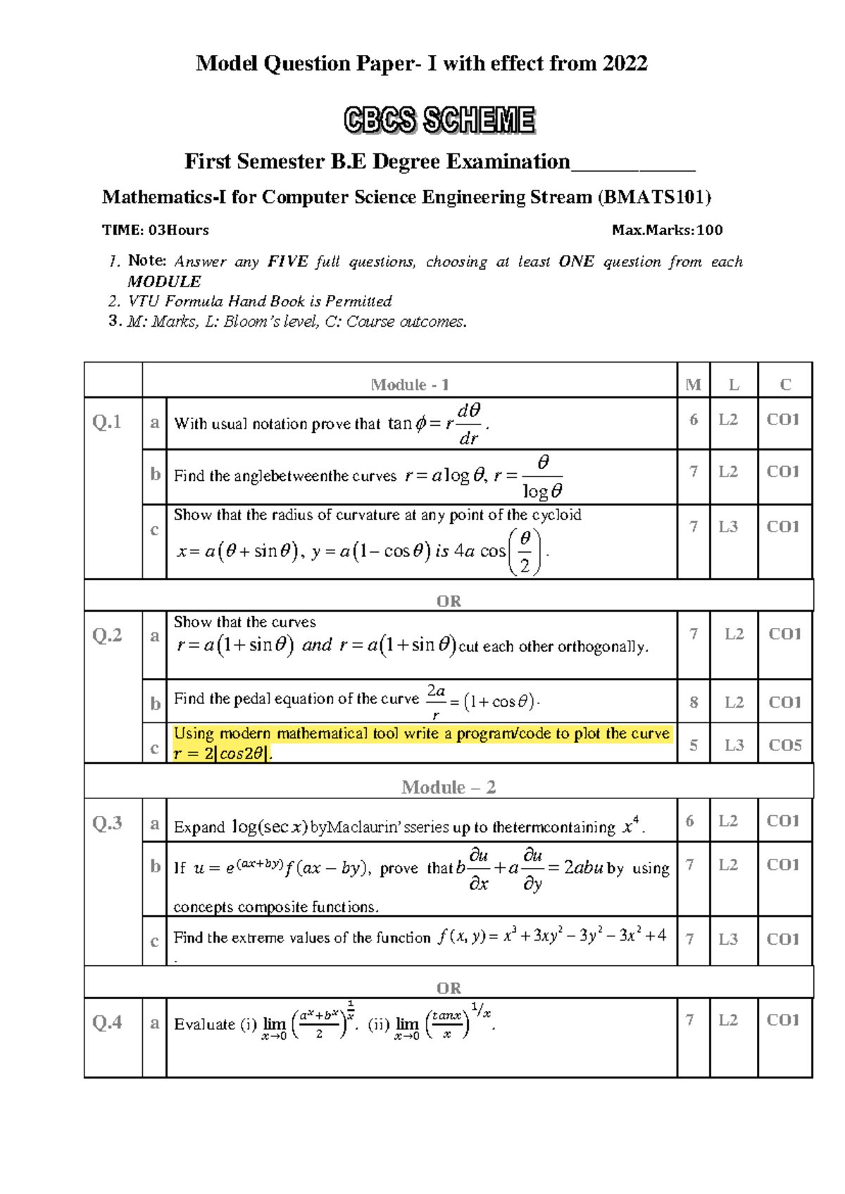Model Question Paper I for BMATS101 - CSE 1st Sem (2022) - Studocu