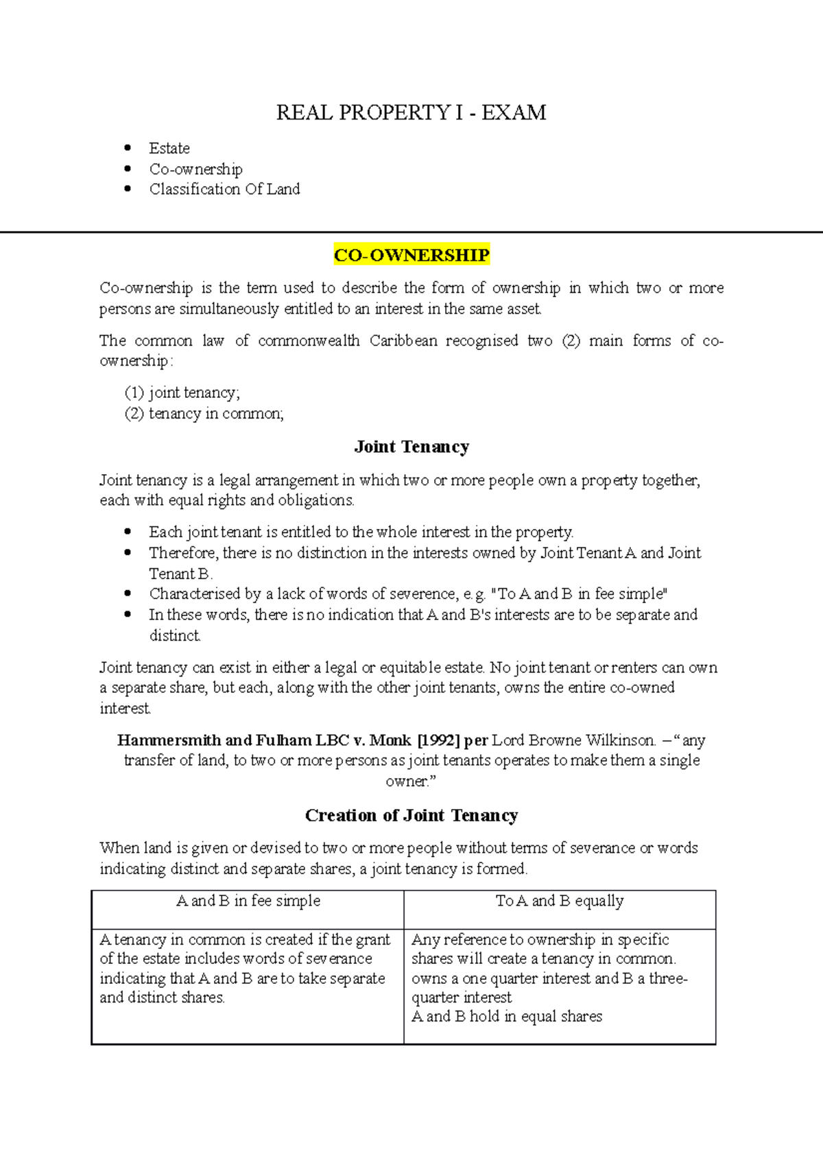 REAL Property I - Final Exam Preparation and Key Concepts - Studocu