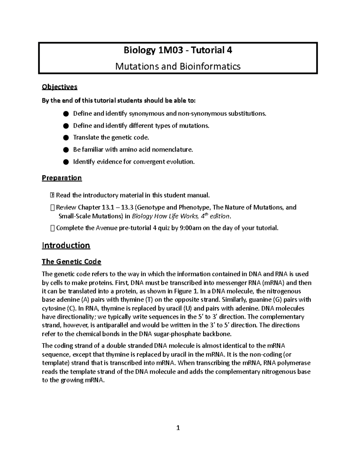 Biology 1M03 - Tutorial 4: Exploring Mutations & Bioinformatics ...