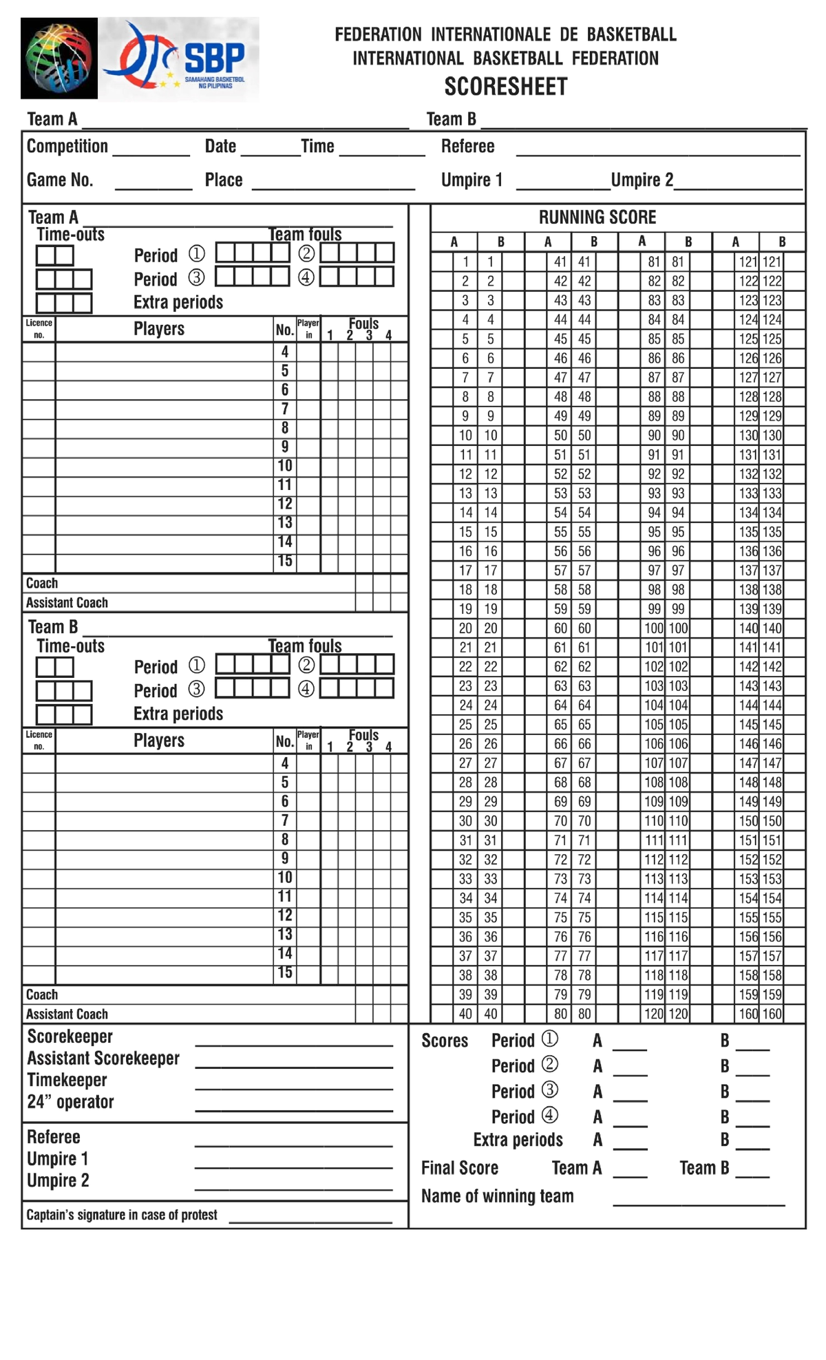 FIBA-SBP Basketball Game Scoresheet - Studocu