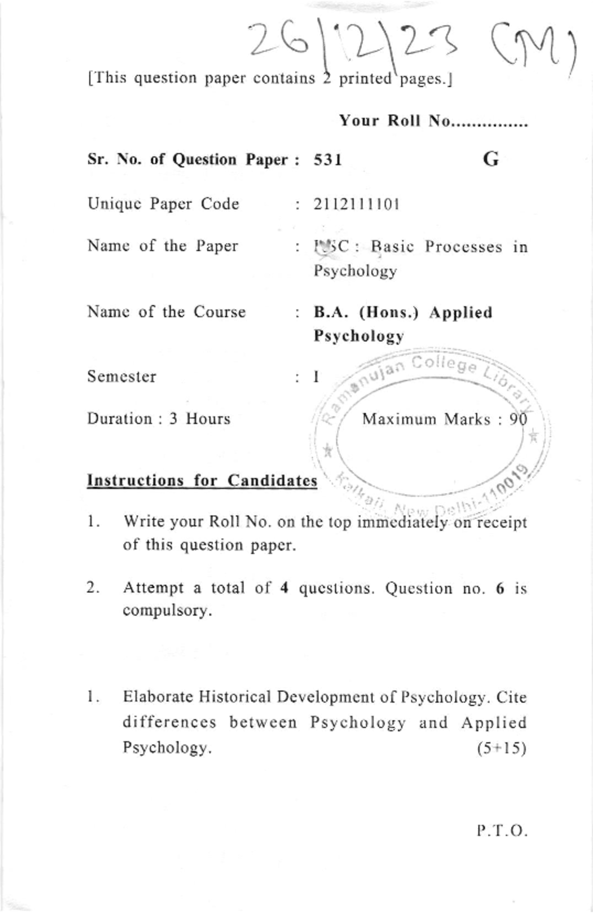 BP SEM 1 PYQ - previous year question paper - Sr. No. of Question Paper ...