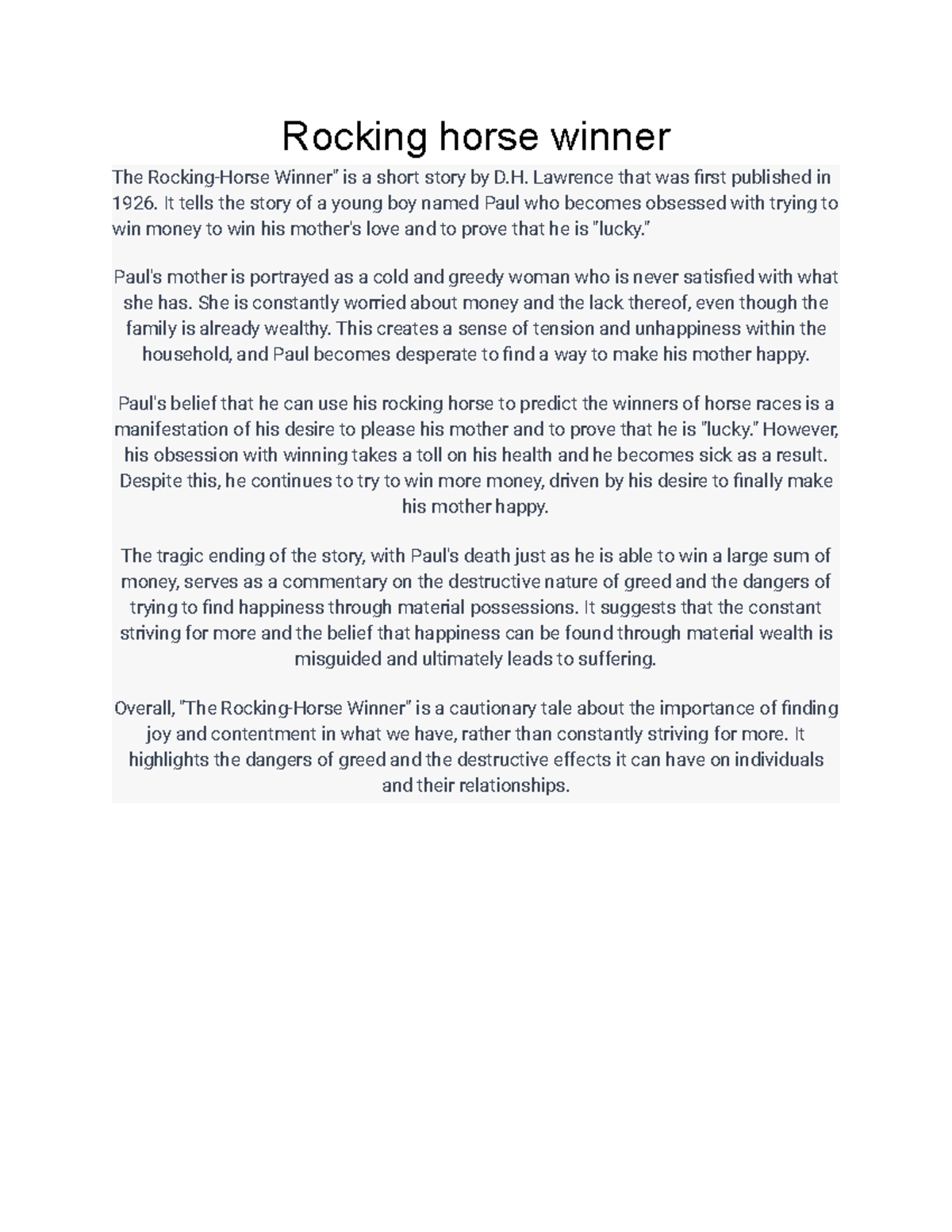 Rocking horse winner - SEMINAR TOPICS - Rocking horse winner The ...