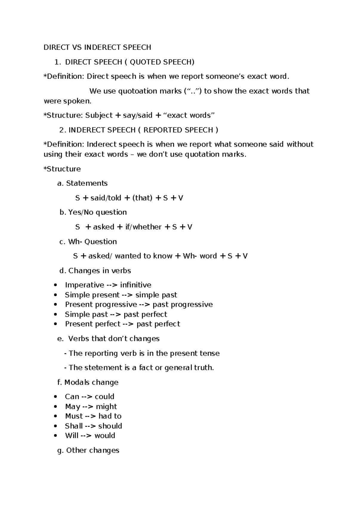 Direct vs Indirect Speech: Key Concepts and Changes - Studocu