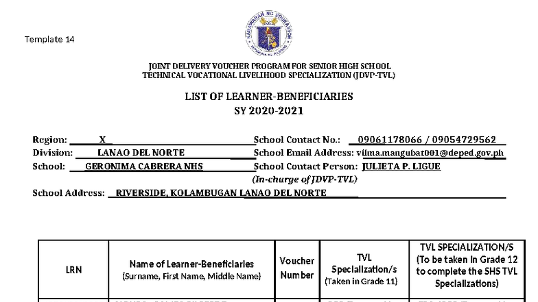 JDVP Template 14: Joint Delivery Voucher Program for SHS TVL - Studocu