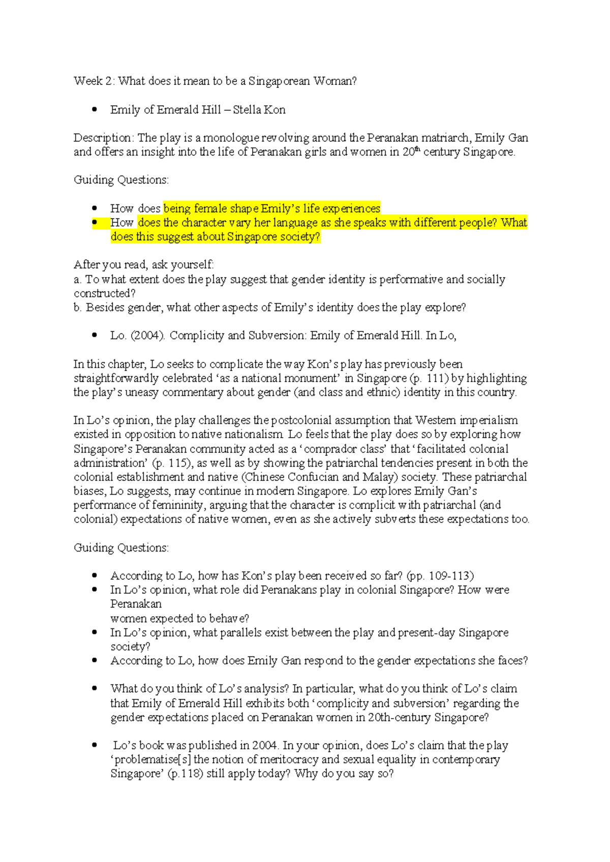 Week 2 Lecture Notes: Exploring "Emily of Emerald Hill" Analysis - Studocu