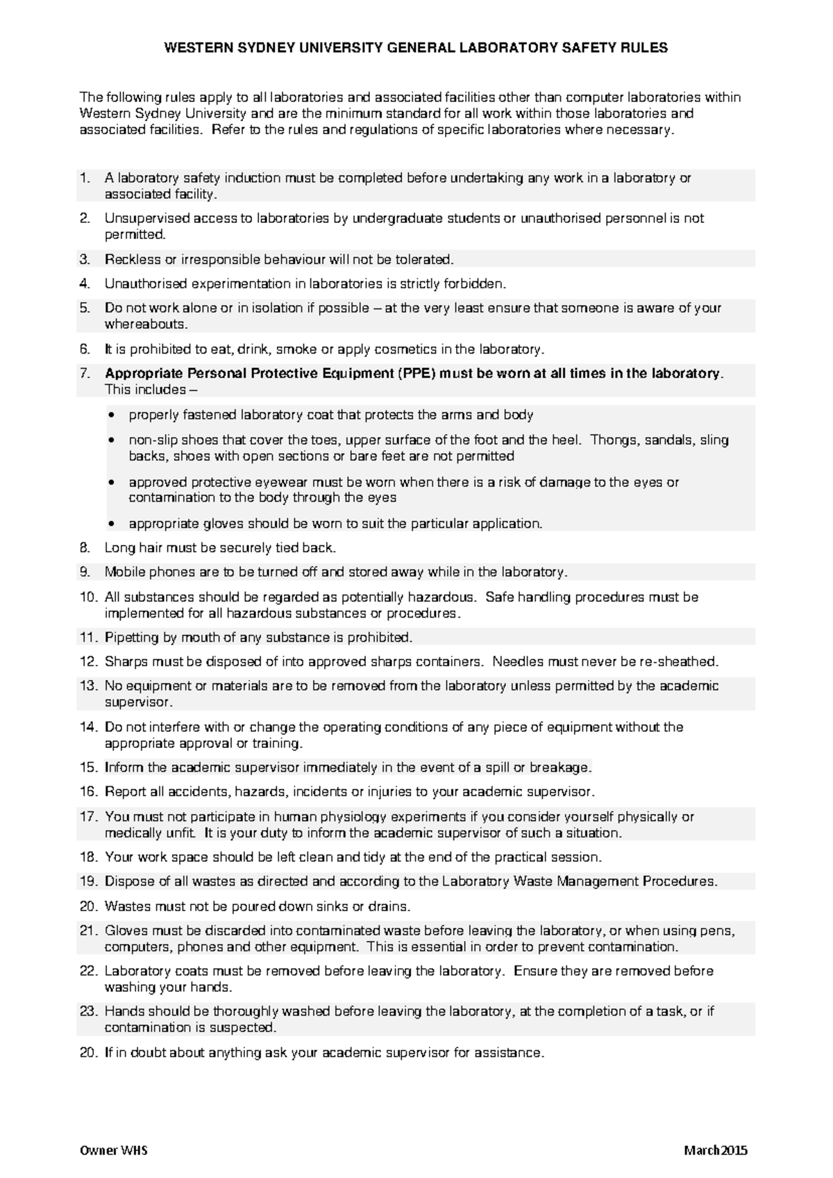 General Lab Safety Rules - Western Sydney University - Studocu