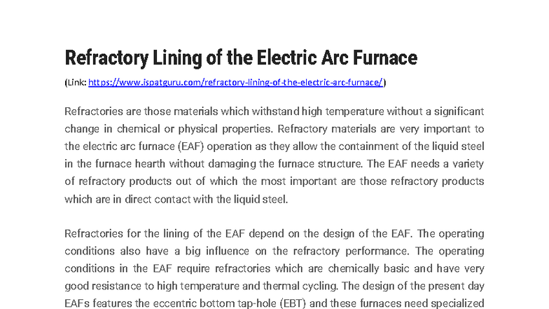 EAF 101: Refractory Lining in Electric Arc Furnace Operations - Studocu