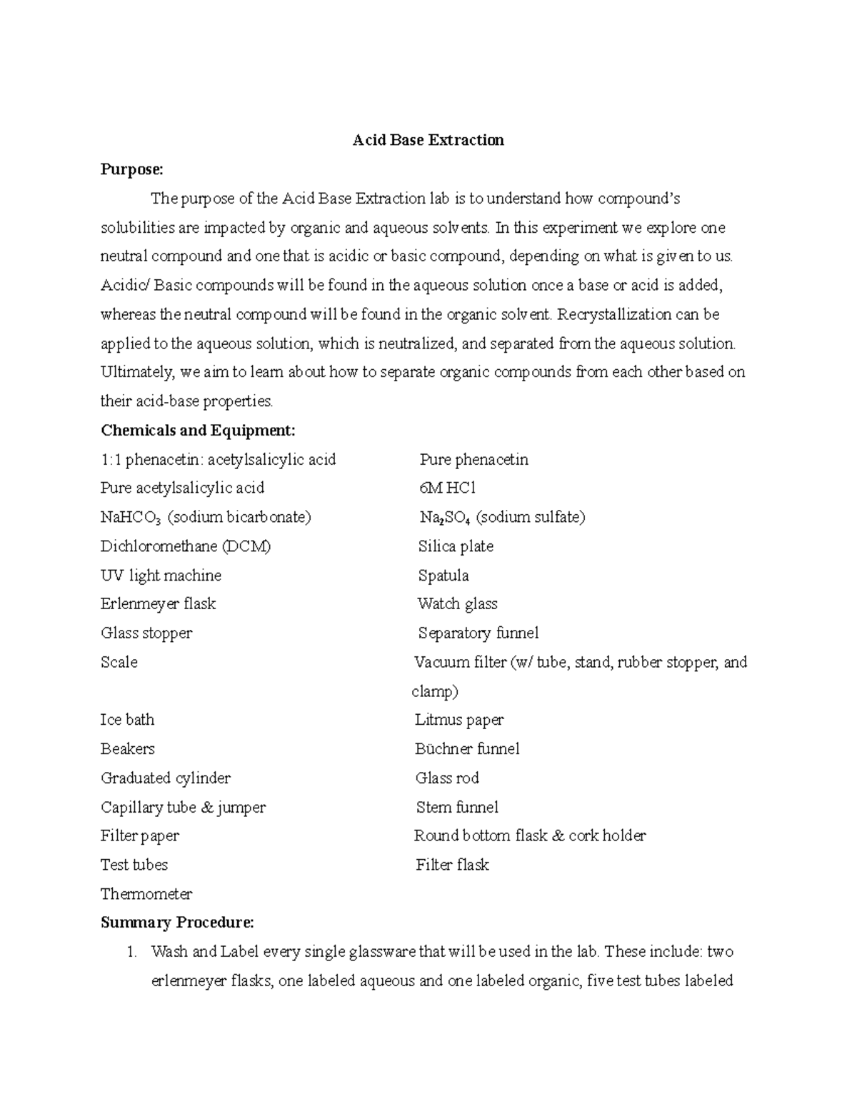 Orgo 1:1 Acid-Base Extraction Lab Report and Results Analysis - Studocu