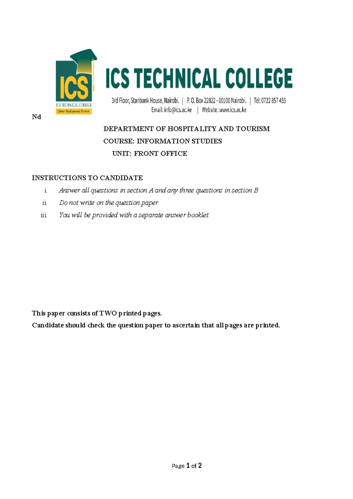 Front Office Instructions - Info Studies (Nd) Exam Guide - Studocu