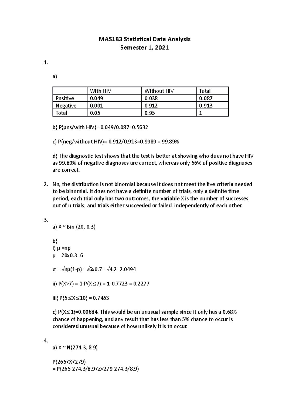MAS183 Assignment 2 - MAS183 Statistical Data Analysis Semester 1, 2021 ...