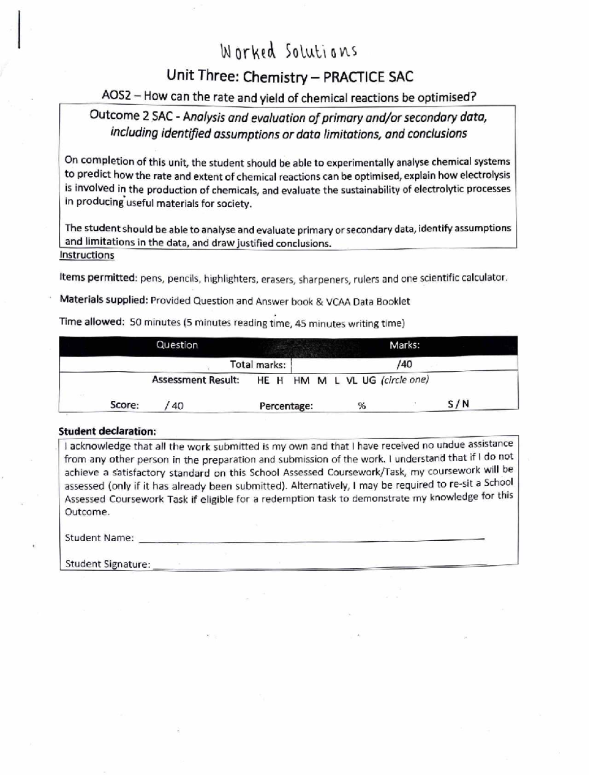 Unit 3 AOS 2 - Practice SAC Solutions: Optimizing Chemical Reactions ...