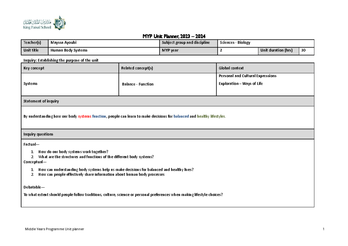 Y2-U1-Science-Unit Planner: Human Body Systems 2023-2024 - Studocu