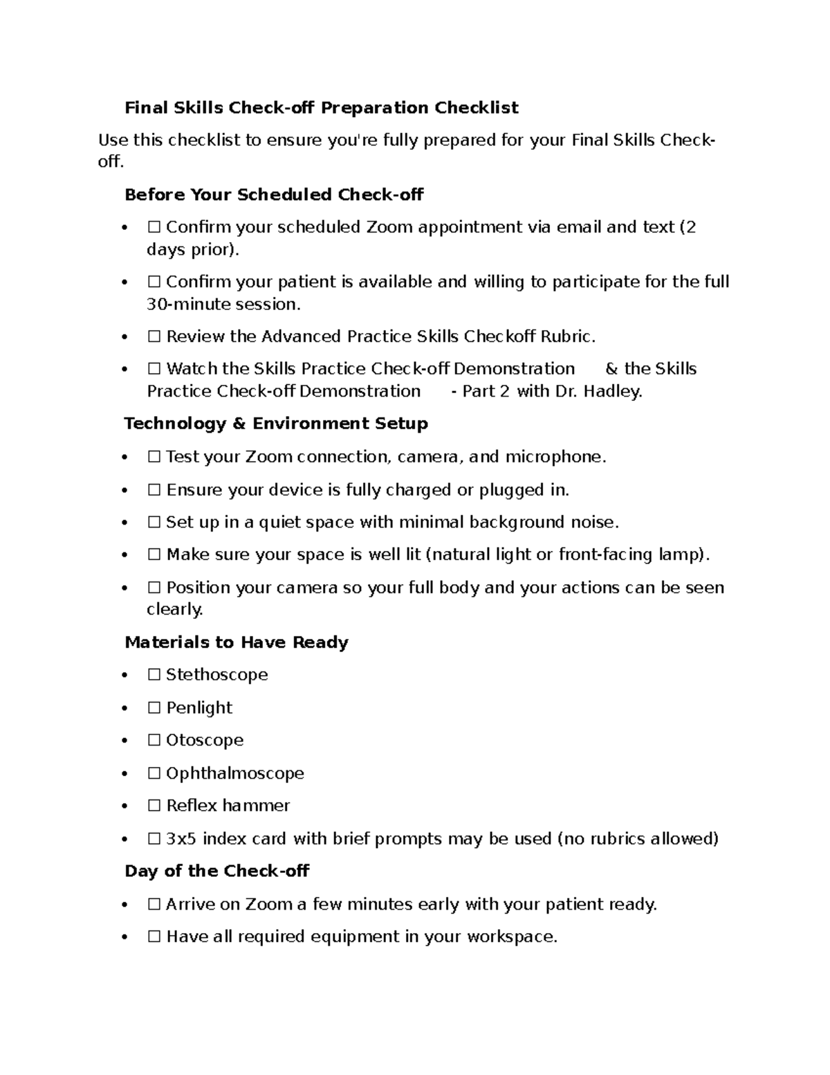 🩺 Final Skills Checkoff Preparation Checklist - Studocu
