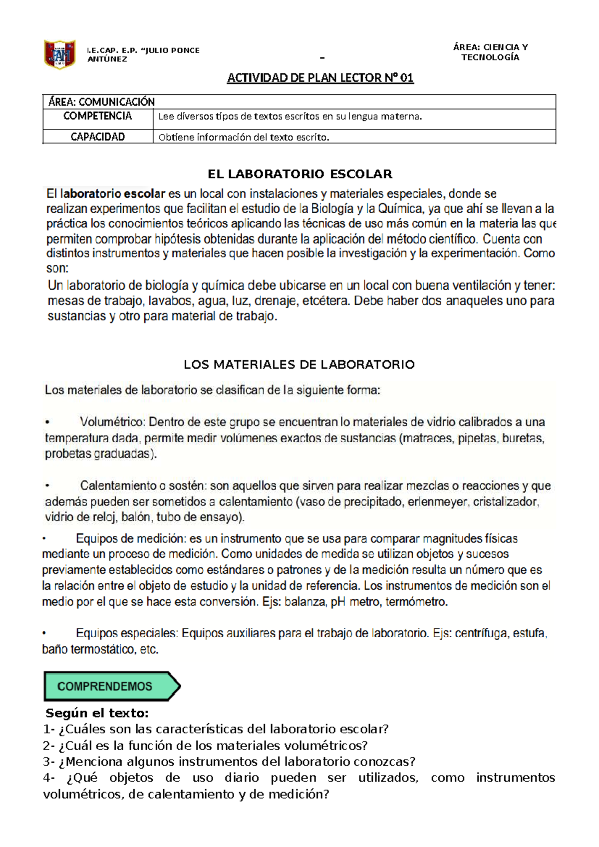 Actividad DE PLAN Lector N- 1 - ACTIVIDAD DE PLAN LECTOR N° 01 ÁREA ...