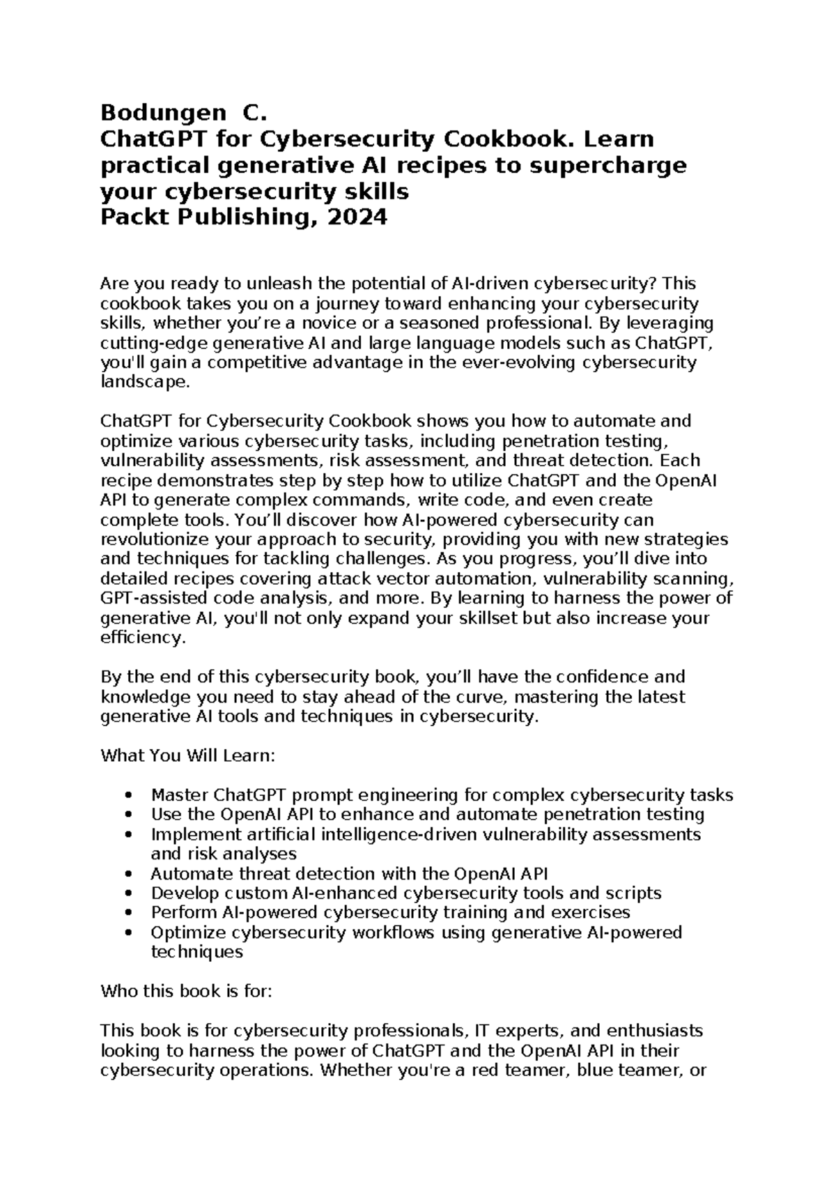 02-Chat GPT for Cybersecurity Cookbook - Bodungen C. ChatGPT for ...