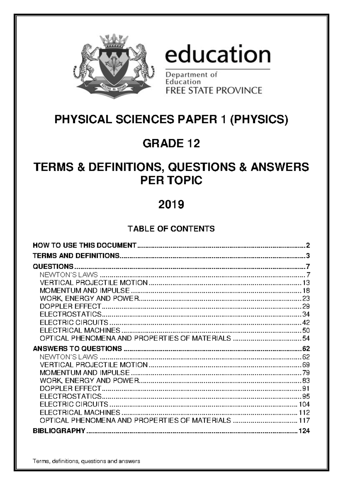 2019 PHYSICAL SCIENCES P1 (PHYSICS) GRADE 12 REVISION NOTES: TERMS ...