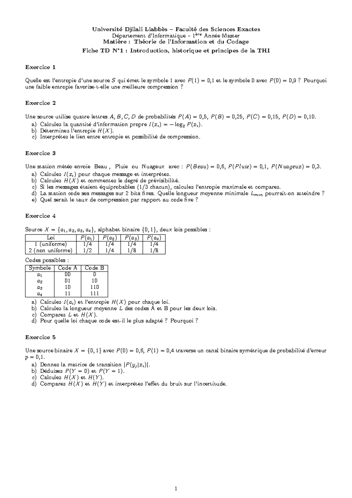 TD1 THI : Introduction au Codage et Entropie - Exercices et Solutions ...