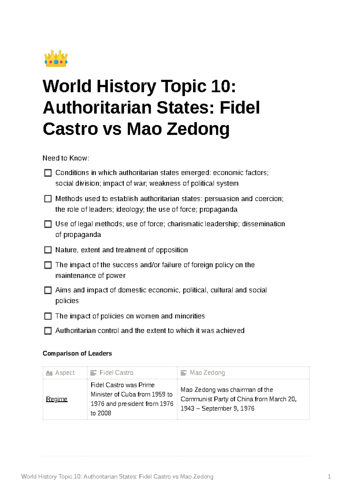 World History Topic 10: Authoritarian Leaders Castro vs Mao - Studocu