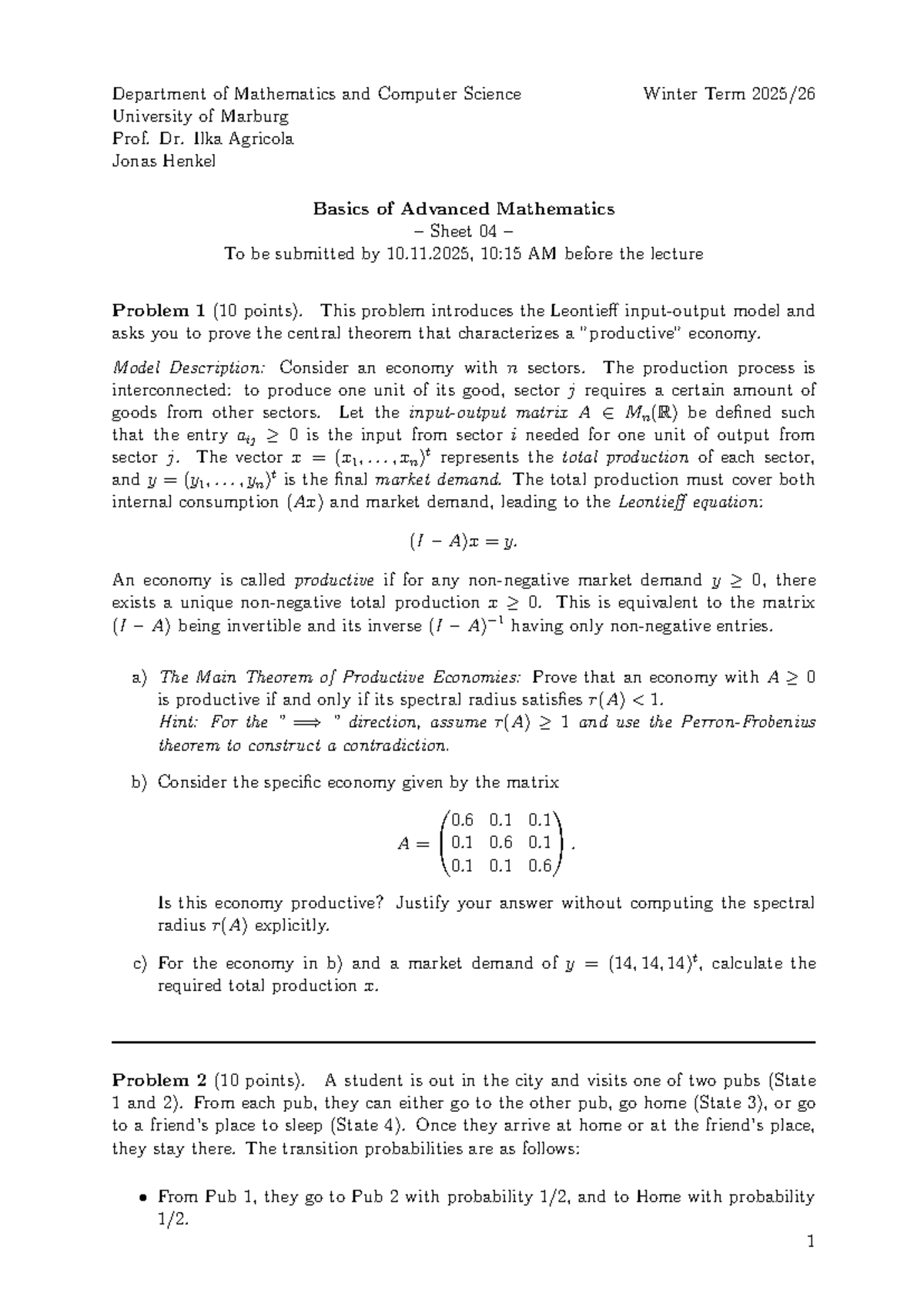 Boa M Sheet 04 - Advanced Mathematics Problems for Winter Term - Studocu