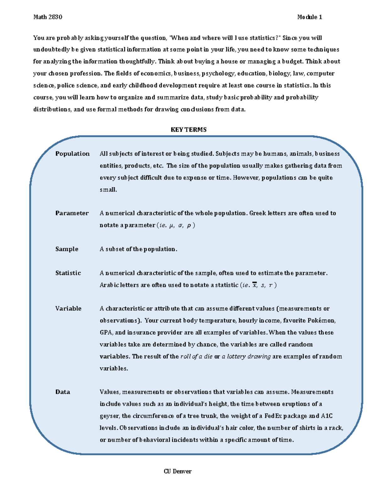 Math 2830 Module 1: Introduction to Statistics and Data Analysis - Studocu