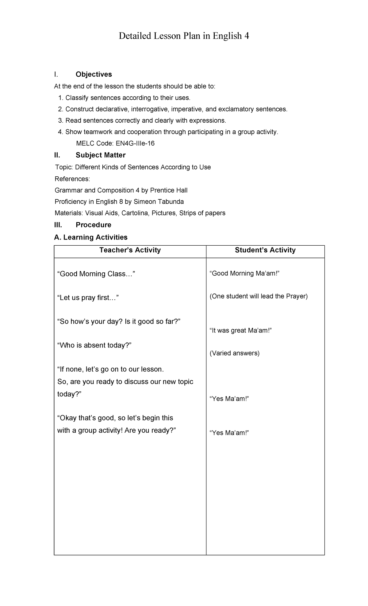 Detailed Lesson Plan: Different Kinds of Sentences (English 4) - Studocu