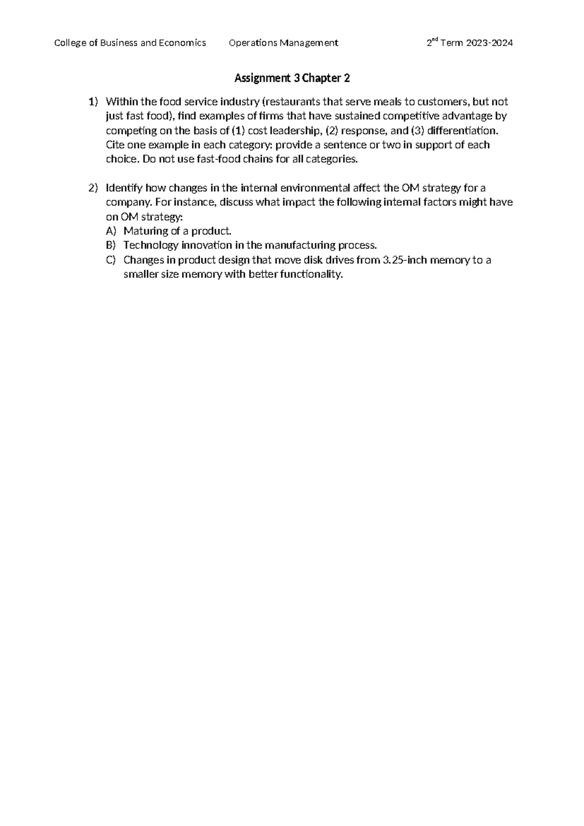 OM 2nd Term Assignment 3: Competitive Advantage in Food Service - Studocu
