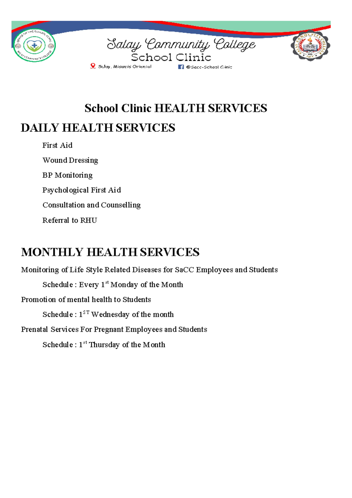 School Clinic Health Services - School Clinic HEALTH SERVICES DAILY ...