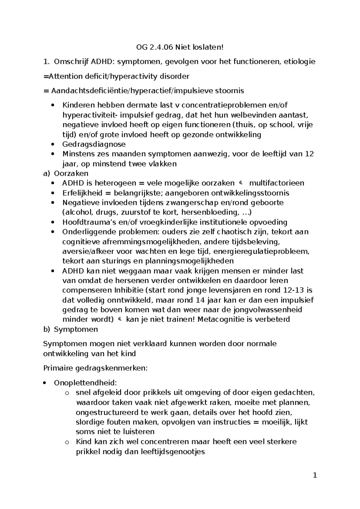 OG 2.4.06 ADHD: Symptomen, Gevolgen en Diagnostische Criteria - Studocu