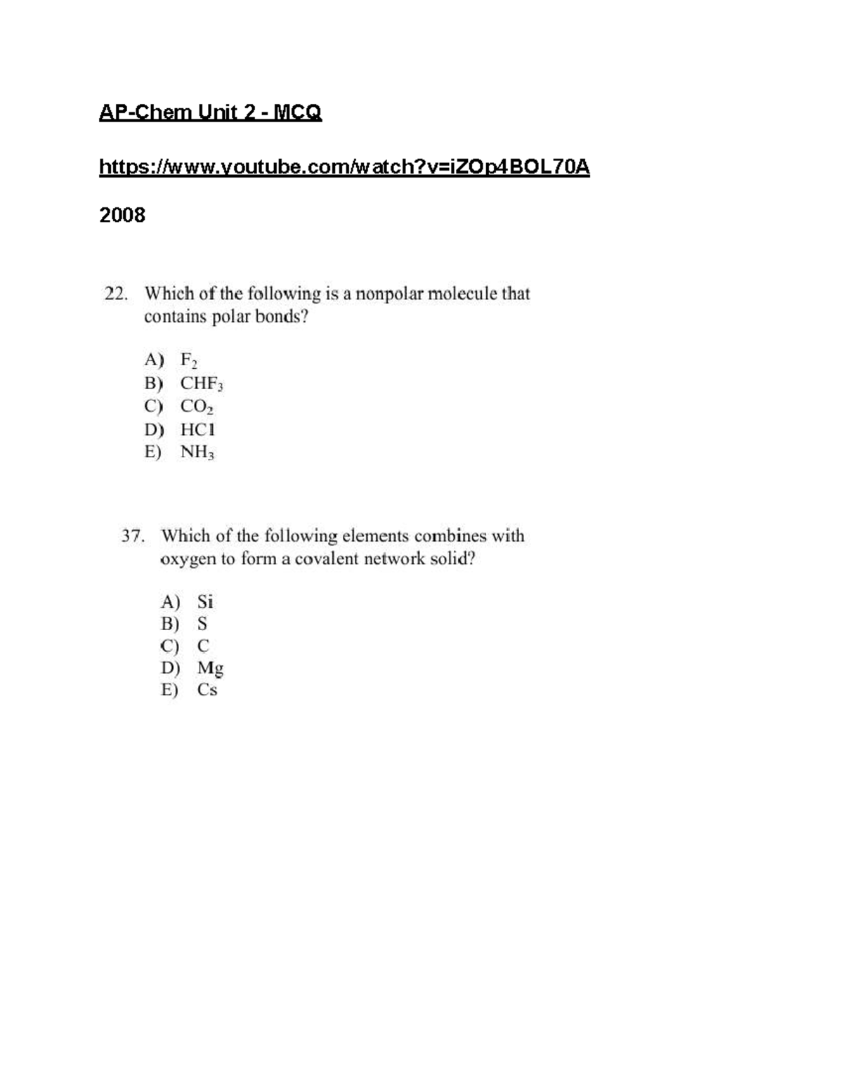 AP-Chem Unit 2.1 MCQ Review and Practice Questions - Studocu