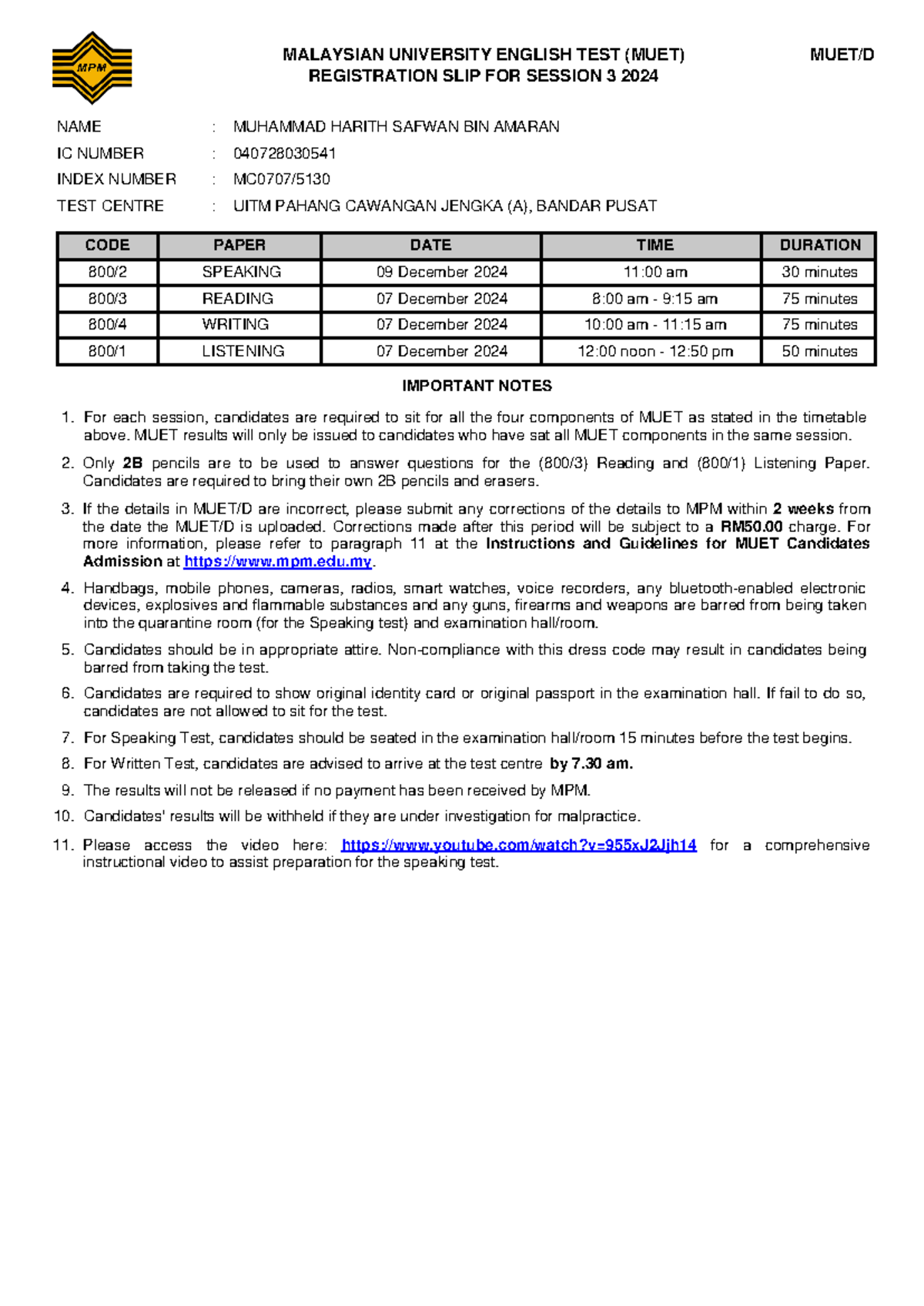 MUET Session 3 2024 Registration Slip - Candidate Info & Timetable ...