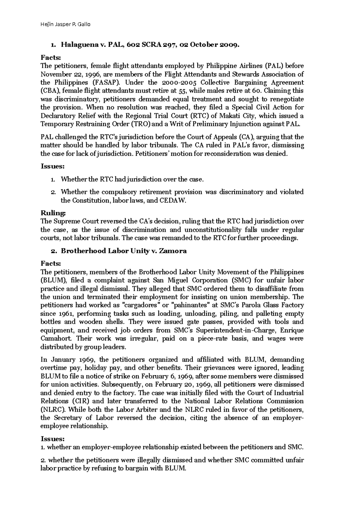 Labor II Cases Digest: Key Rulings and Legal Principles - Studocu