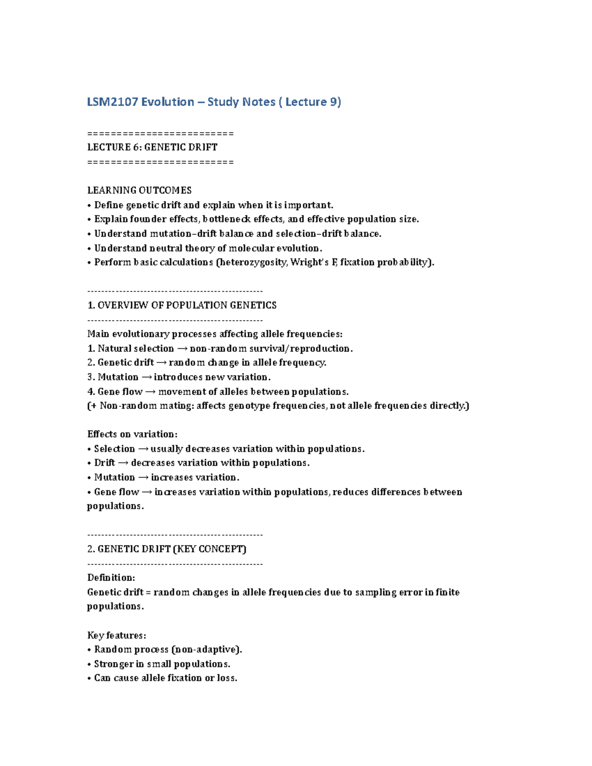 LSM2107 Lecture 9: Genetic Drift and Artificial Selection Notes - Studocu