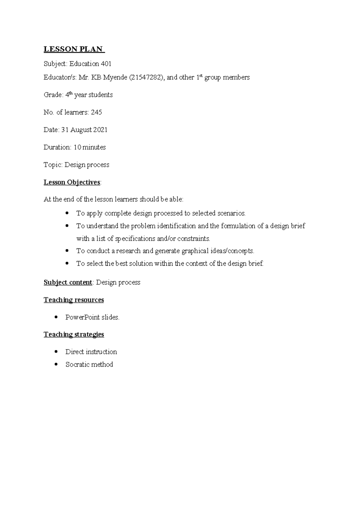 Education 401: Lesson Plan on Design Process for 4th Year Students ...