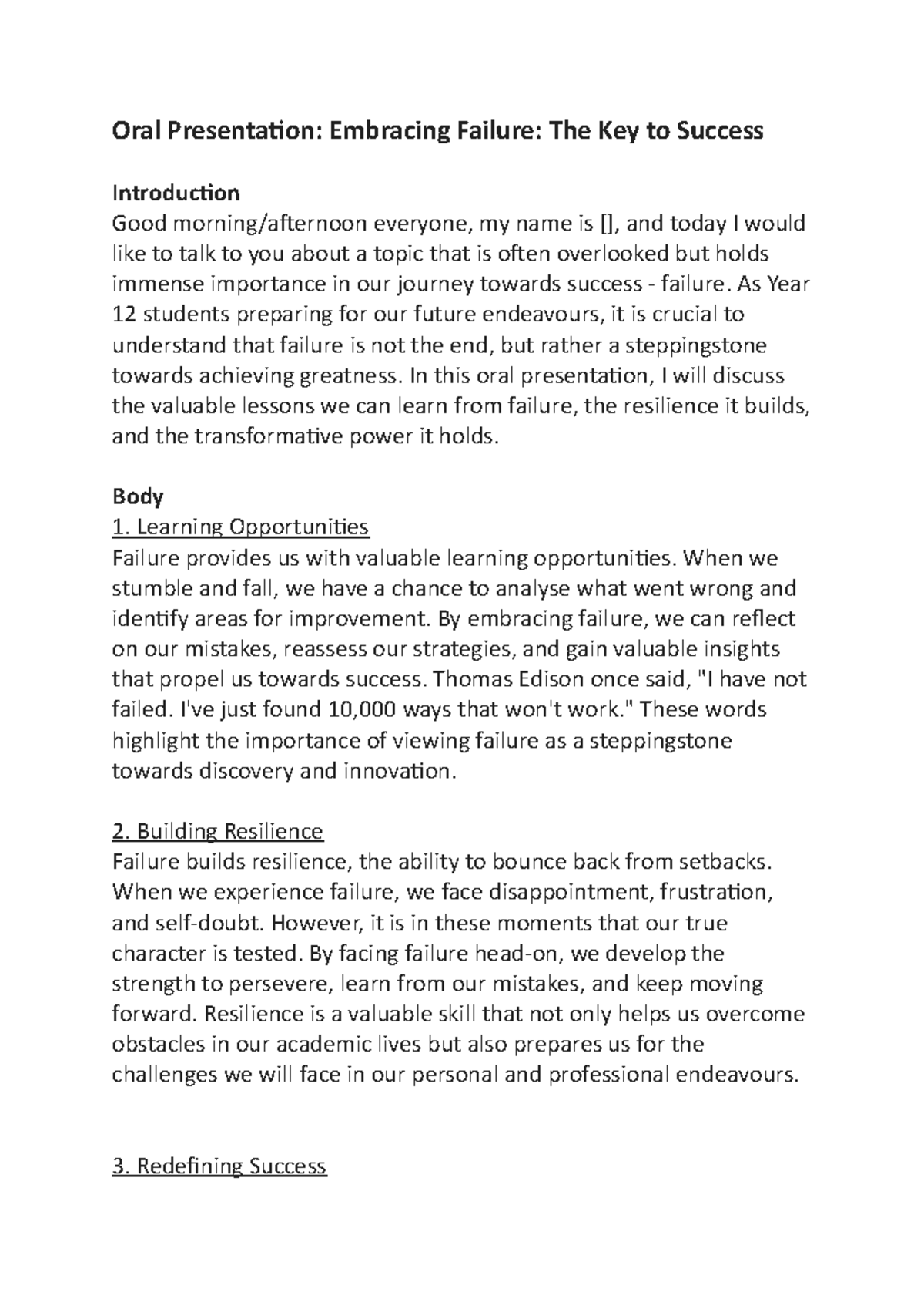 Oral Presentation: Embracing Failure for Year 12 Success - Studocu