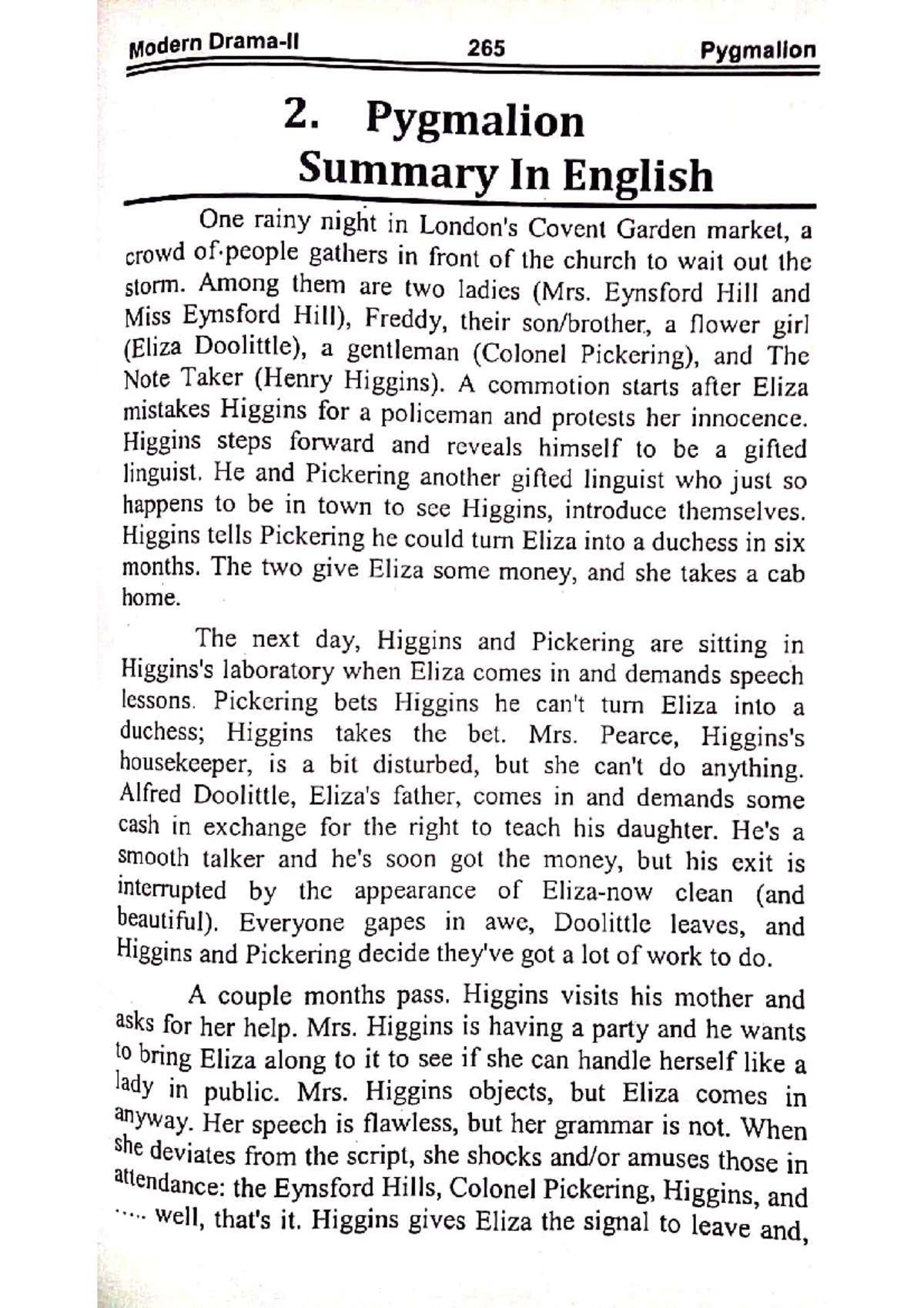 Pygmalian summary - Notes - Modern 265 Pygmalion 2. Pygmalion Summary ...