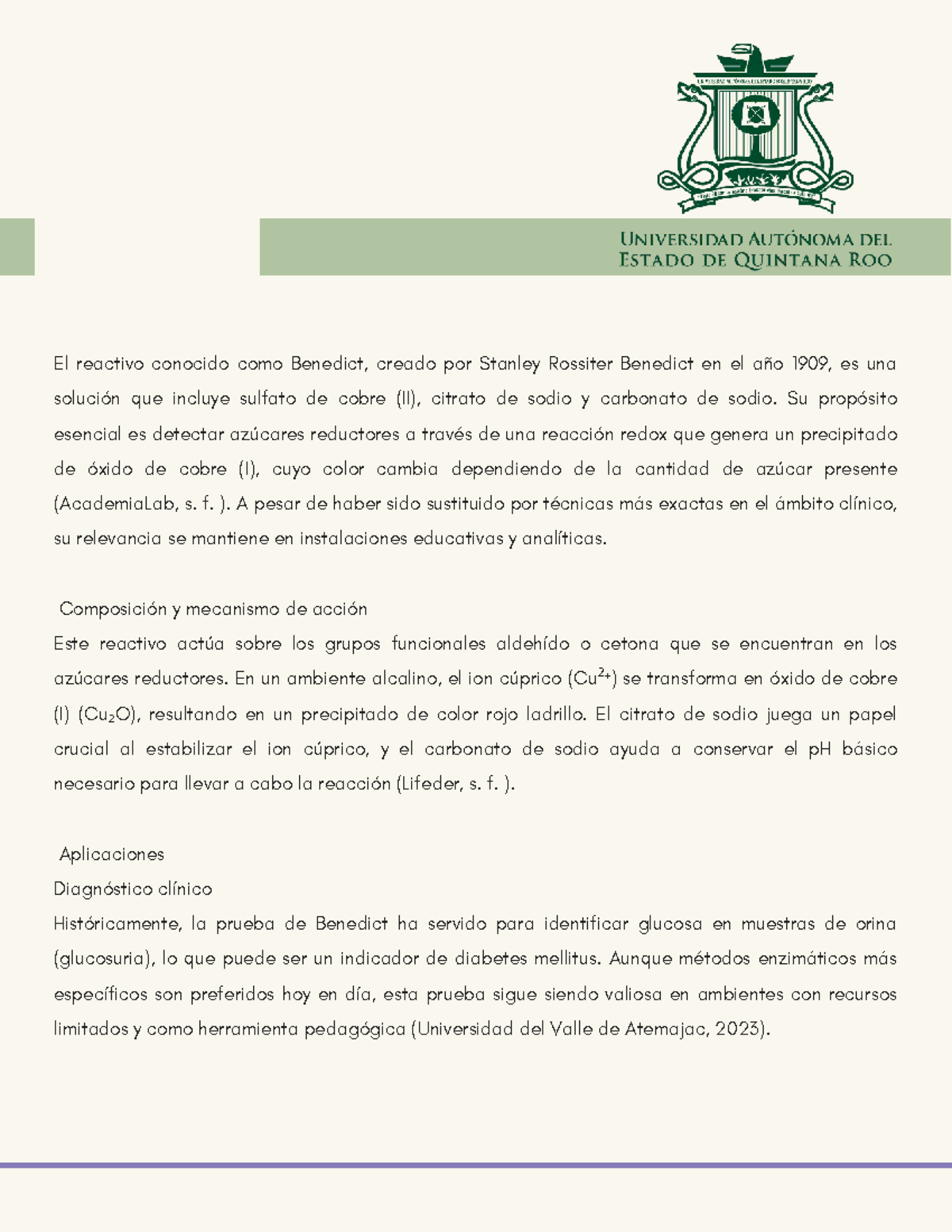 Benedict - Repaso sobre el reactivo y sus aplicaciones - Studocu