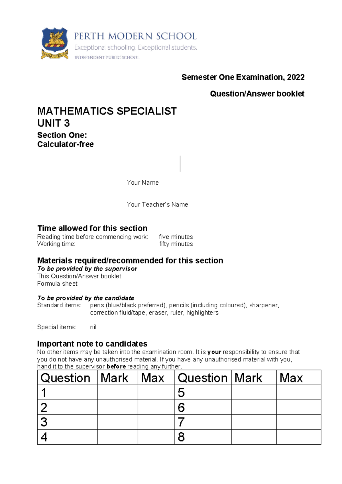 MATHEMATICS SPECIALIST UNIT 3 Semester One Exam 2022 Marking Key - Studocu
