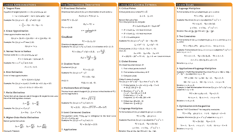 Linear Approximations & Directional Derivatives Cheat Sheet (MATH 101) - Studocu