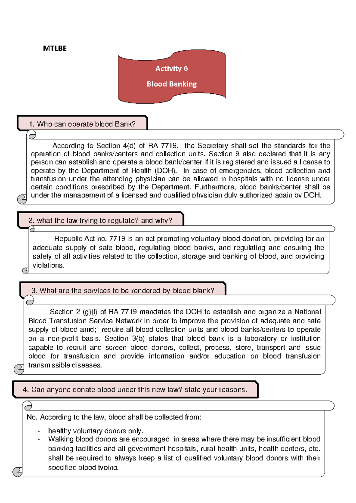 Mtlbe Activity 6- Blood Banking - MTLBE Activity 6 Blood Banking Who ...