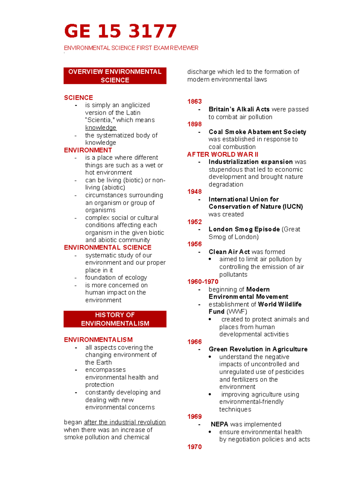 GE15 EXAM 1 REVIEWER - Environmental Science First Exam Overview - Studocu