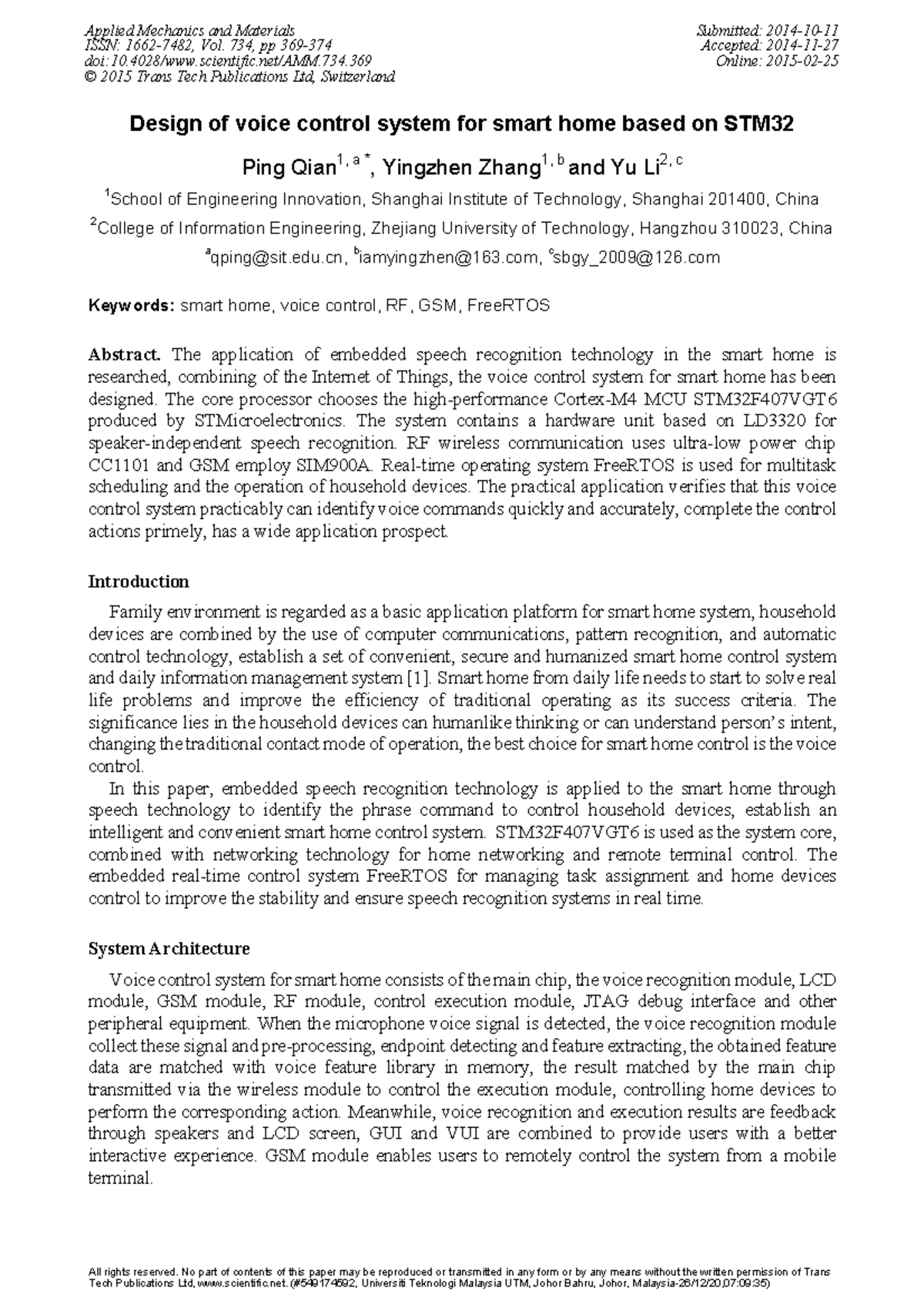 Design of Voice Control System for Smart Home Based on STM32(Belan ...